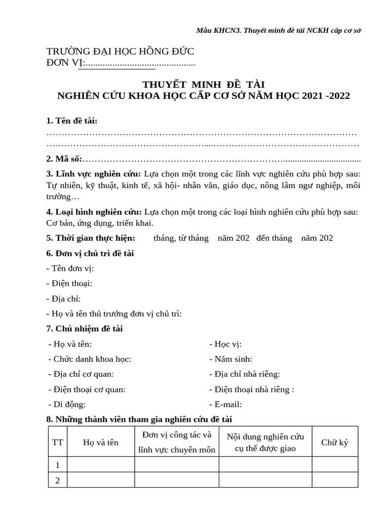 Bieu Mau Thuyet Minh + Bao Cao Tong Ket de Tai NCKH | PDF