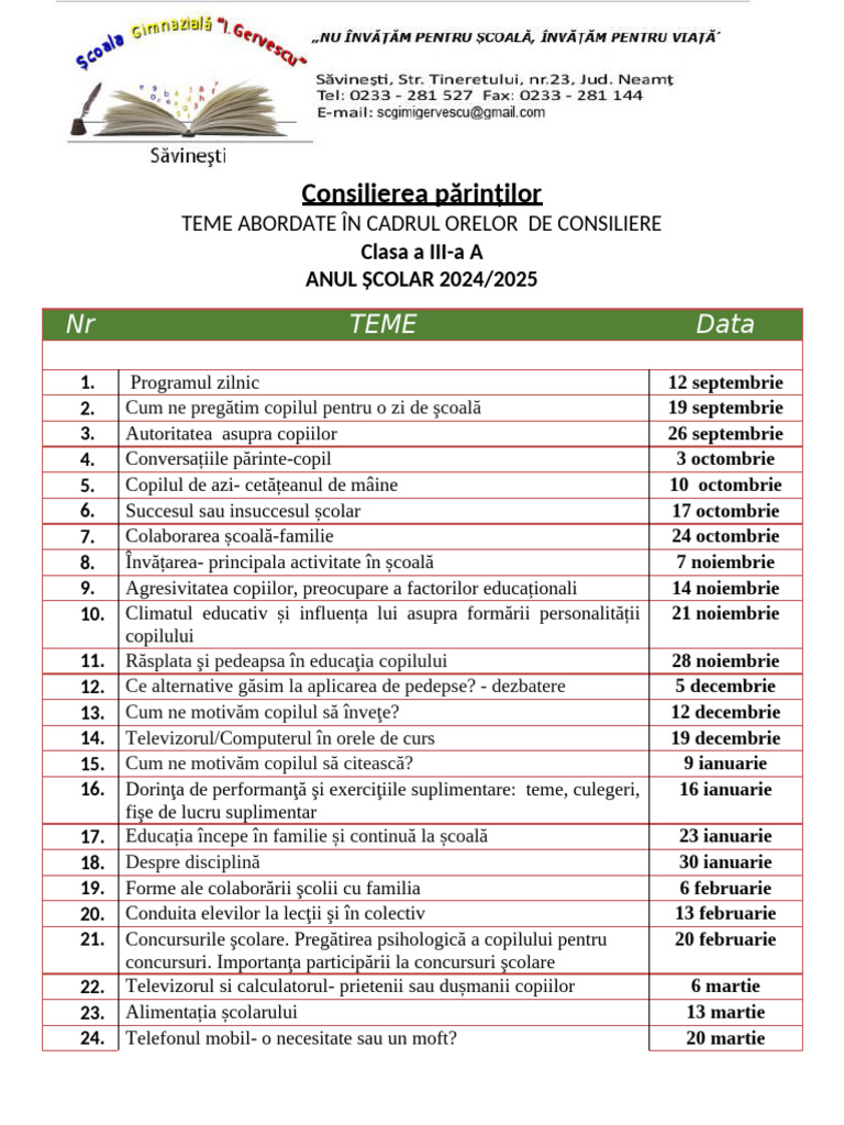 Planificare Consiliere Parinti 20182019 | PDF