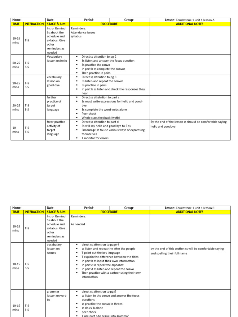 Lesson Plan TS1 Unit 1 | PDF