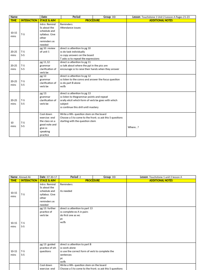 Lesson Plan TS1 Unit 2 | PDF