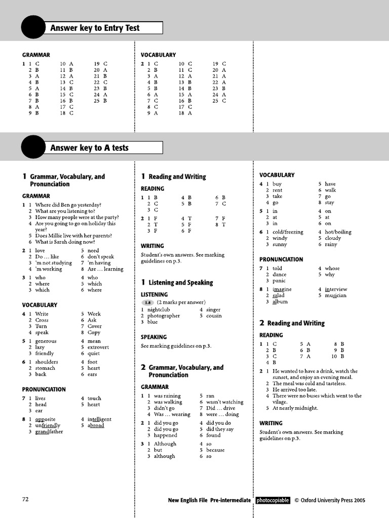 A2 End of Course Test - Answer Key | PDF