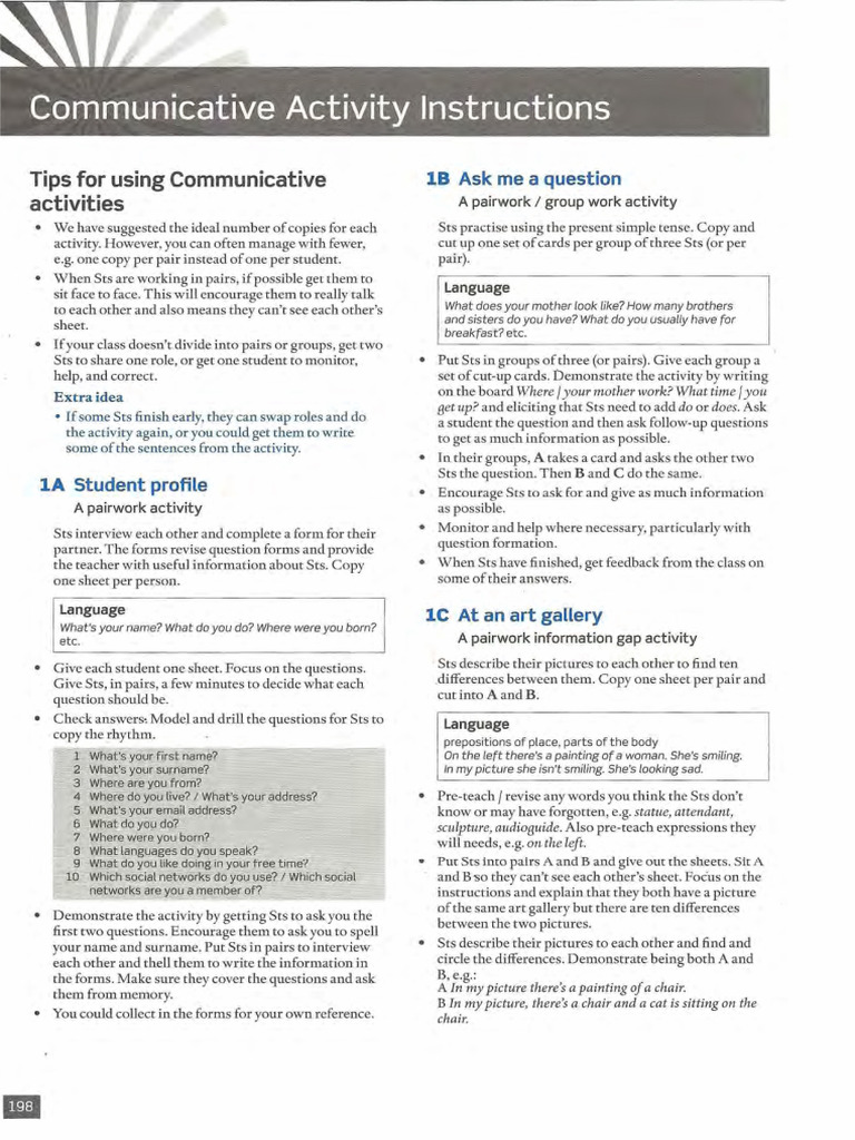 A2 Communication Activities - Teacher Instructions | PDF