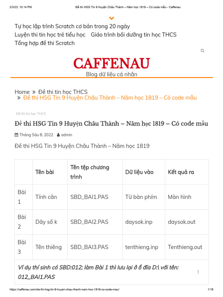 Đề thi HSG Tin 9 Huyện Châu Thành - Năm học 1819 - Có code mẫu - Caffenau | PDF