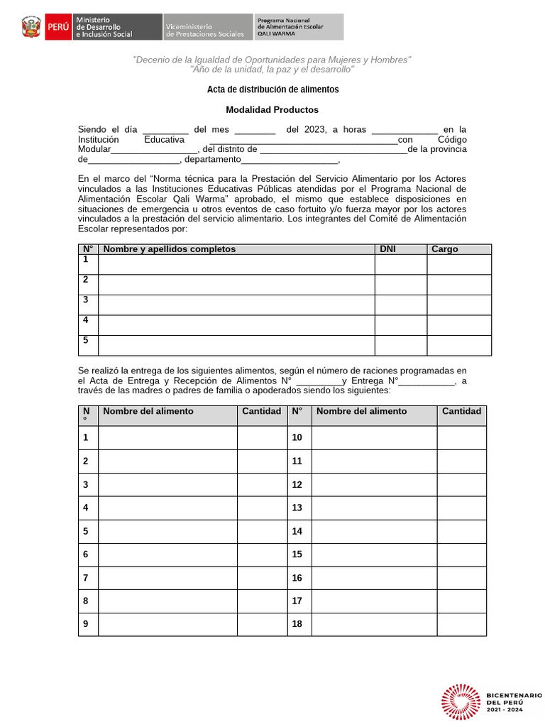 Formato N°2 - Acta de distribución de alimentos | PDF Formato N°2 - Acta de distribución de alimentos | PDF