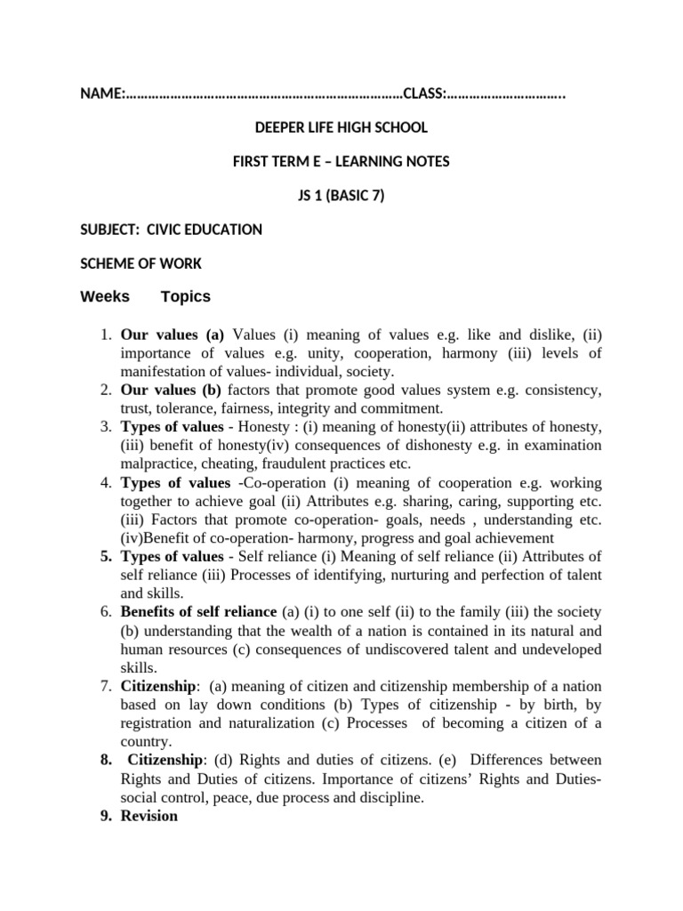 Basic 7 Civic Educ 1ST Term E-Notes. | PDF