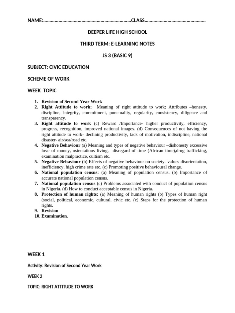 Basic 9 Civic Educ 1ST Term E-Notes | PDF