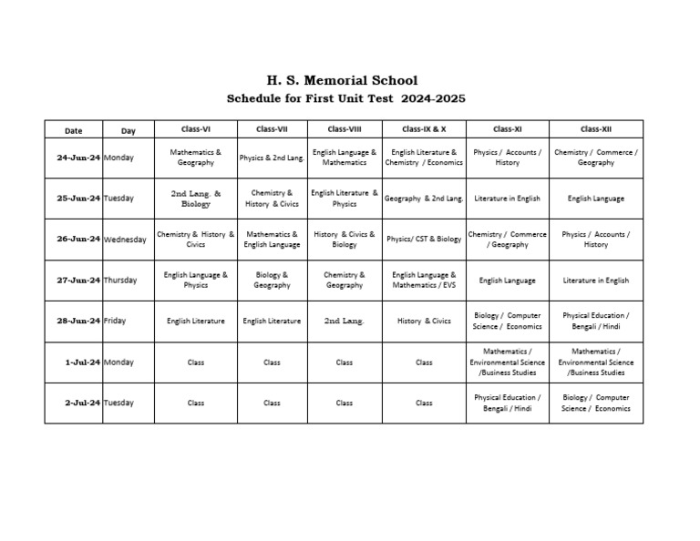 1st Unit Test Routine 2024-25 VI To XII | PDF