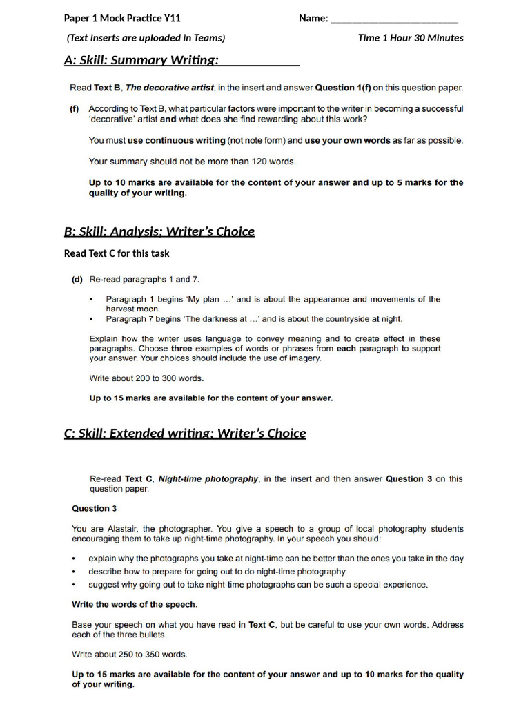 Paper 1 Mock Practice | PDF
