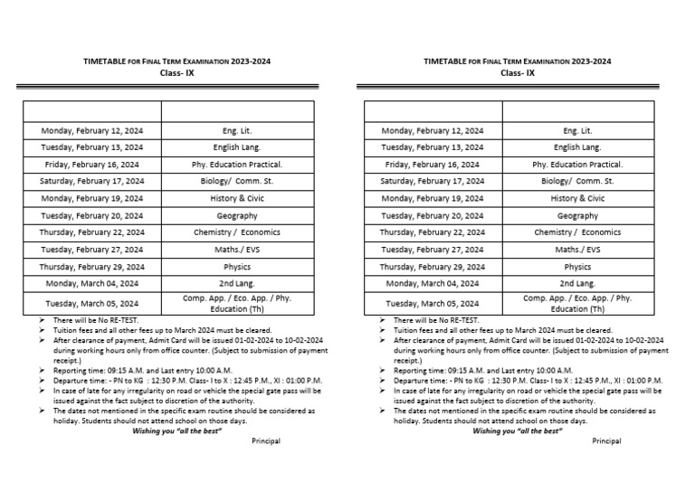 CL - 9 TIMETABLE FOR FINAL TERM EXAMINATION 2023-2024 | PDF