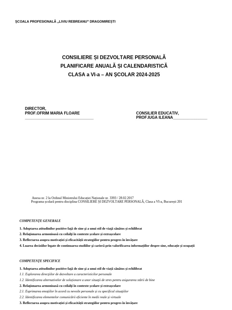 Planificare Consiliere VI | PDF