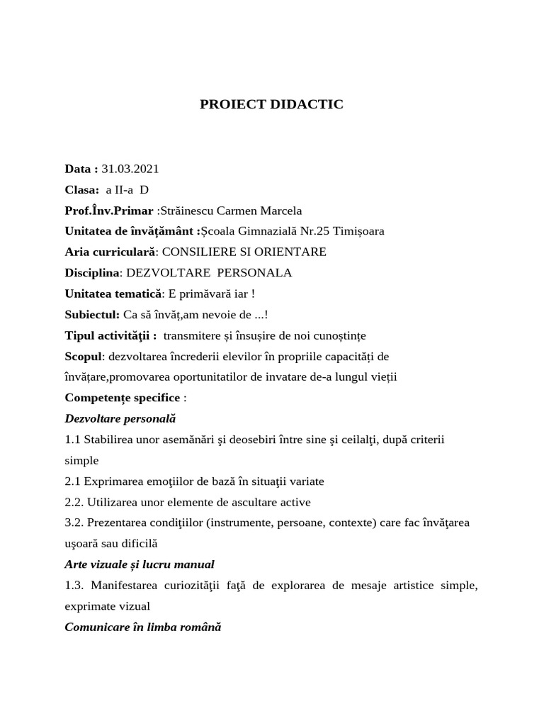 Proiect de Lecție DP | PDF