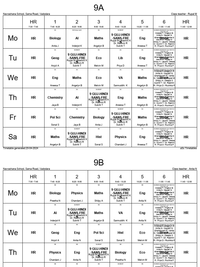 Classes (9-12) Time Table With New Timings | PDF