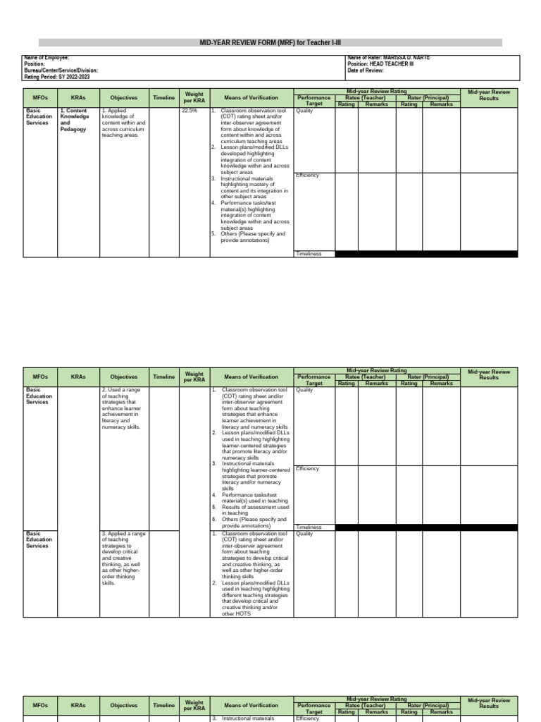 Mid Year Review Form Ipcrf | PDF | Educational Assessment | Career & Growth