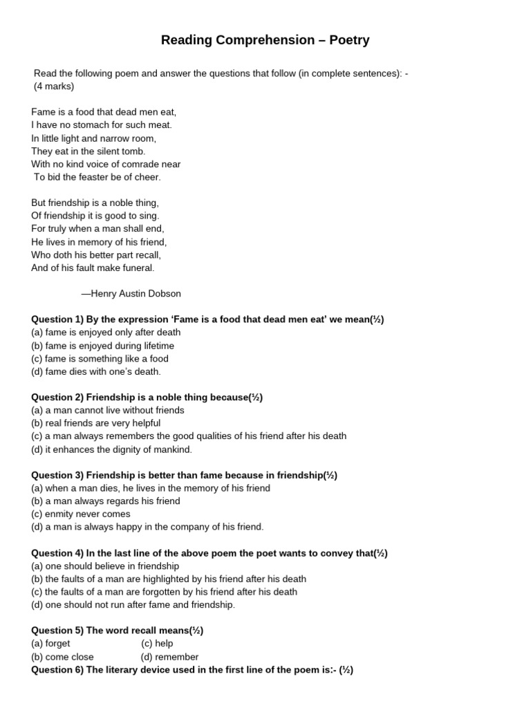Poetry Comprehension 1 | PDF