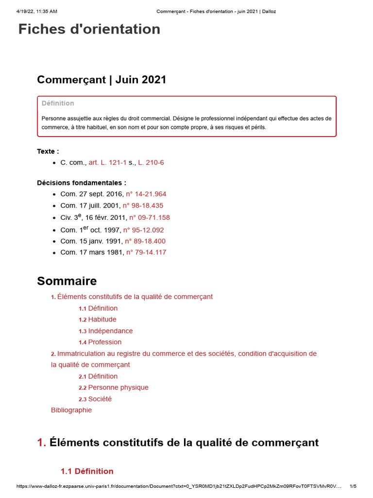 Commerçant - Fiches D'orientation - Juin 2021 - Dalloz | PDF