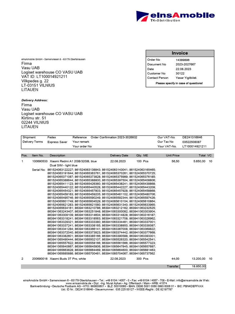 Firma Vasu UAB Logiset Warehouse CO VASU UAB VAT ID: LT100014921211 Vilkpedes G. 22 LT-03151 ...