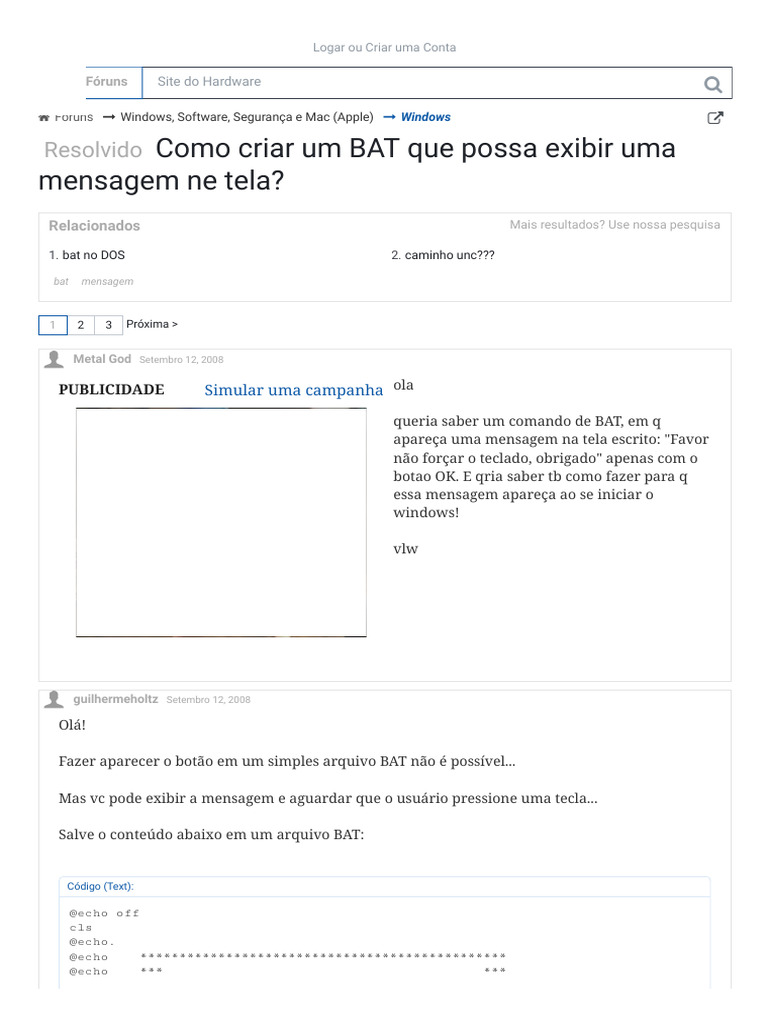 Resolvido - Como Criar Um BAT Que Possa Exibir Uma Mensagem Ne Tela ...