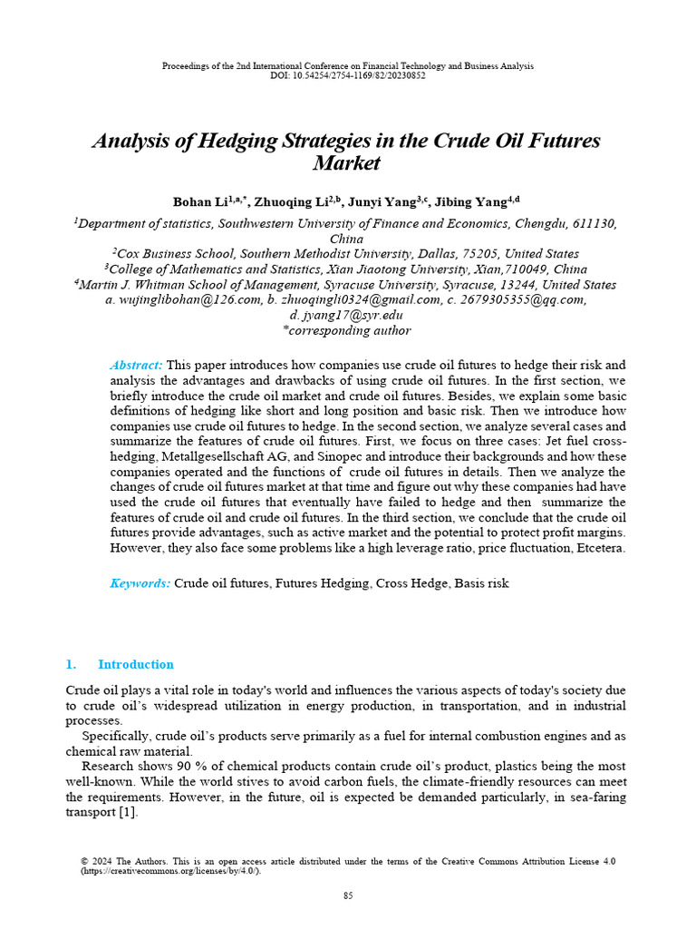 Crude Oil Futures Hedging Strategies | PDF | Hedge (Finance) | West ...