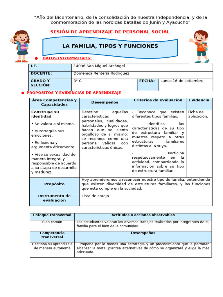 SESIÓN Familia Tipos y Funciones | PDF | Evaluación | Aprendizaje