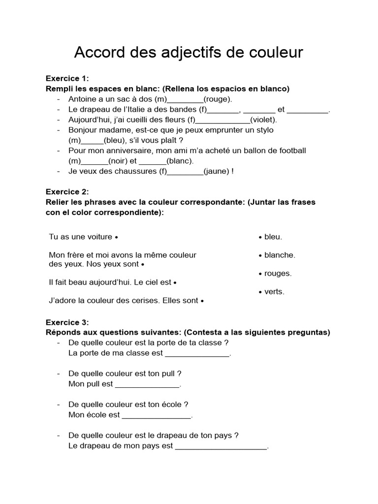 Exercice1 - Accord Des Adjectifs de Couleur | PDF