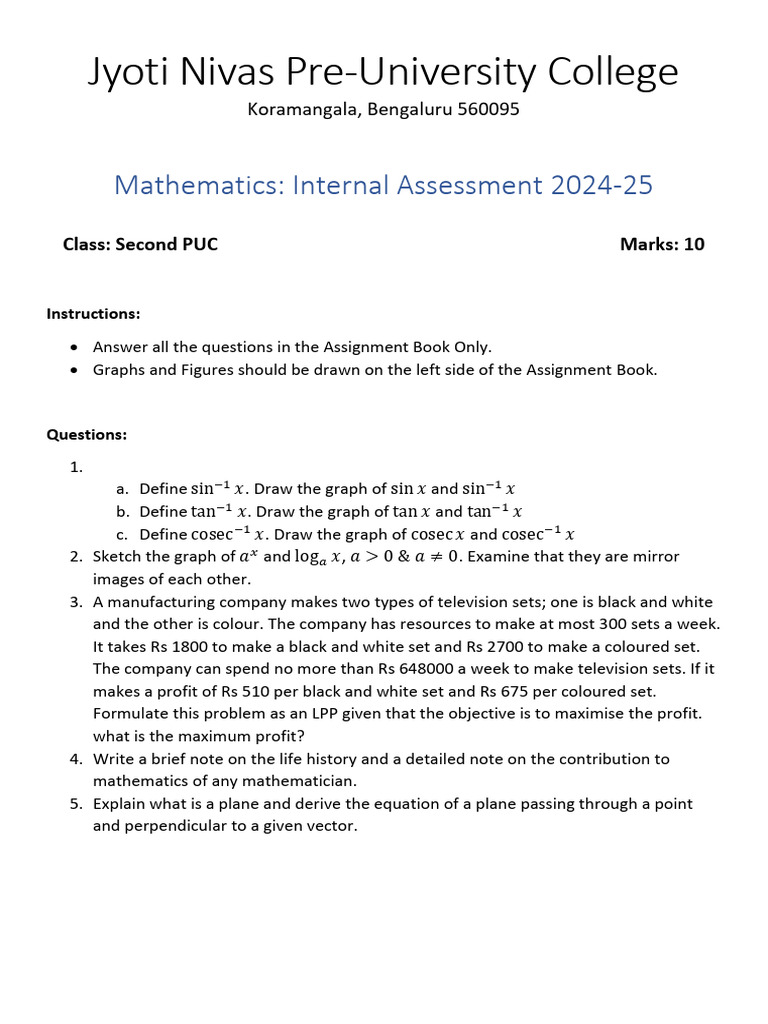 2nd PU Internal Assessment Math | PDF