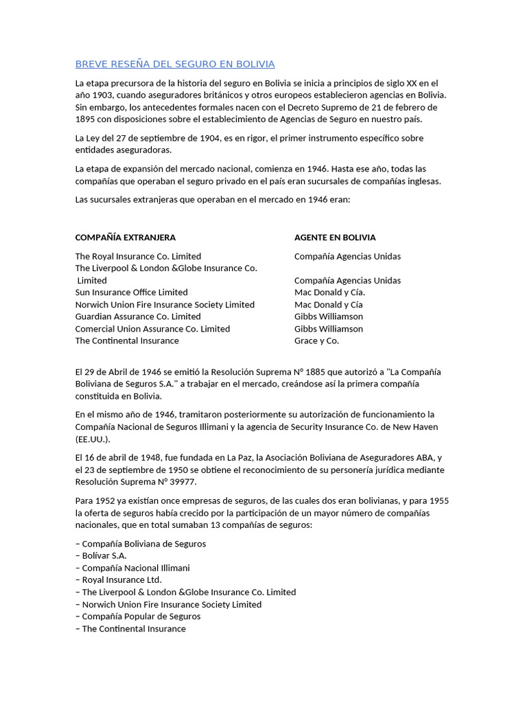 Breve Reseña Del Seguro en Bolivia | PDF