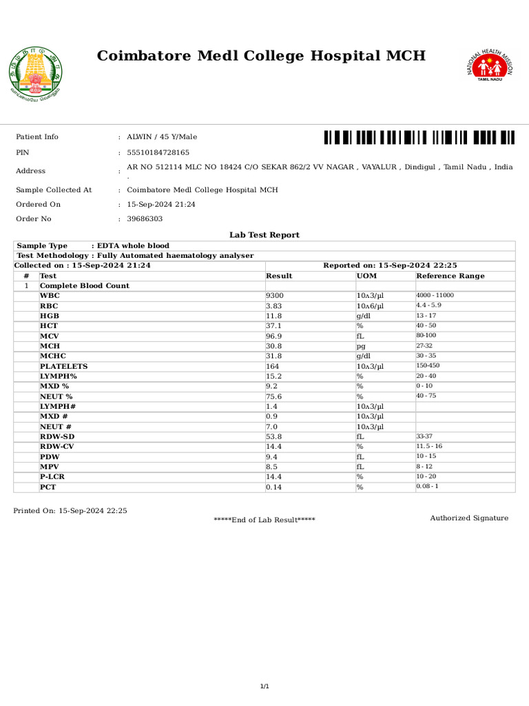 Coimbatore Medl College Hospital MCH: Lab Test Report | PDF | Blood ...