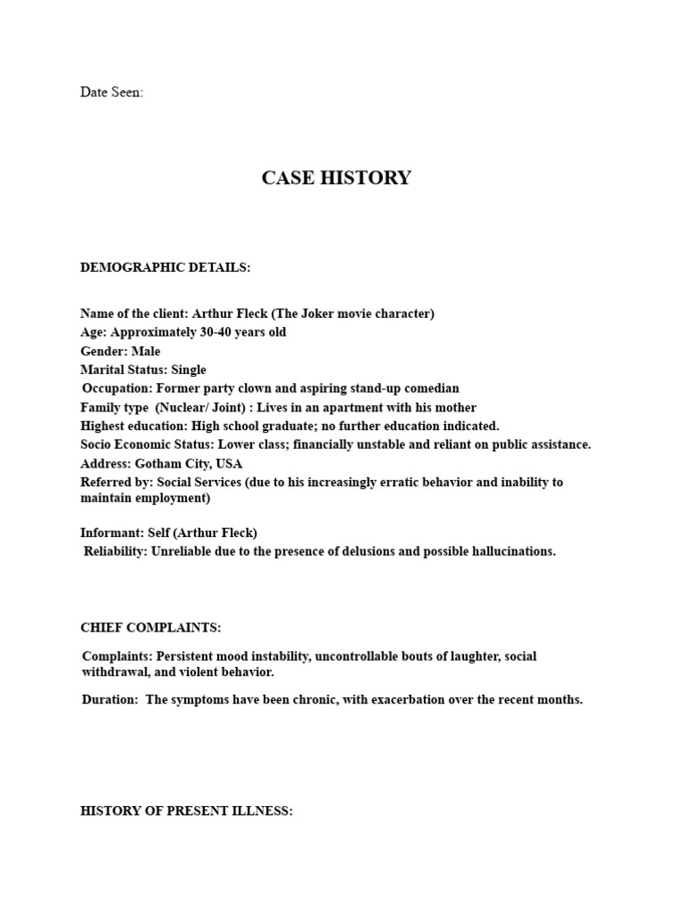 CASE HISTORY OF ARTHUR FLECK( THE JOKER MOVIE CHARACTER) | PDF