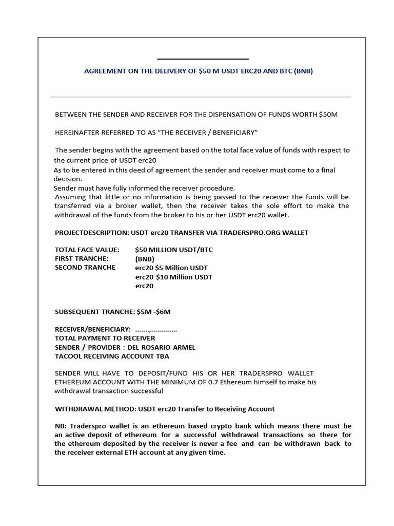Agreement On The Delivery of $50 M Usdt Erc20 and BTC (BNB) | PDF