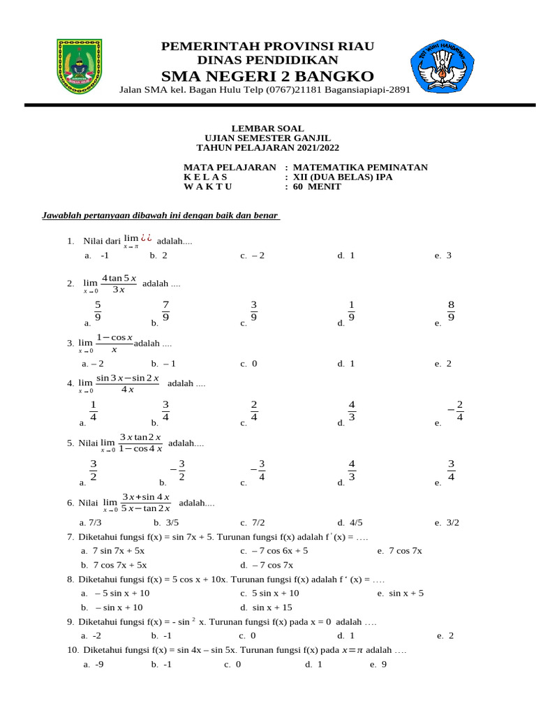 Soal Ujian MTK Peminatan 12 Ipa | PDF