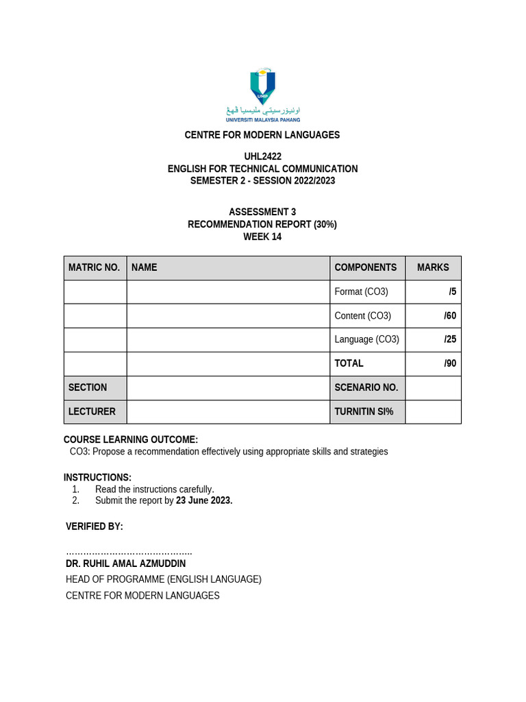 UHL2422 Sem 2 (22-23) Recommendation Report Template | PDF
