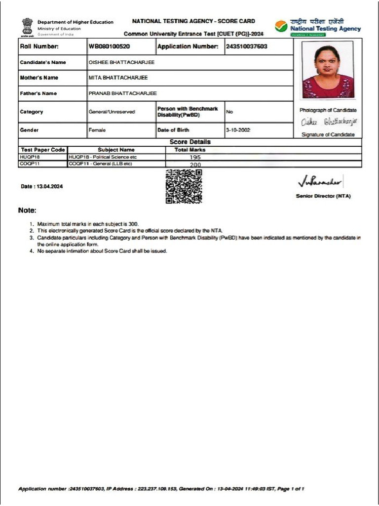 Cuet PG Scorecard 243510037603 | PDF