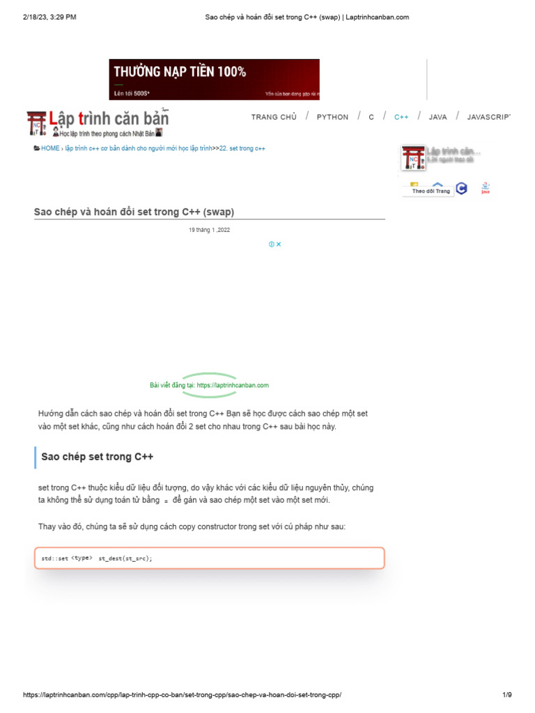 Sao Chép Và Hoán Đ I Set Trong C++ (Swap) | PDF