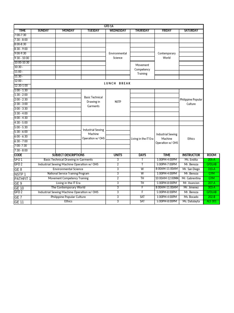 GFD 1st To 4th Year Schedule | PDF
