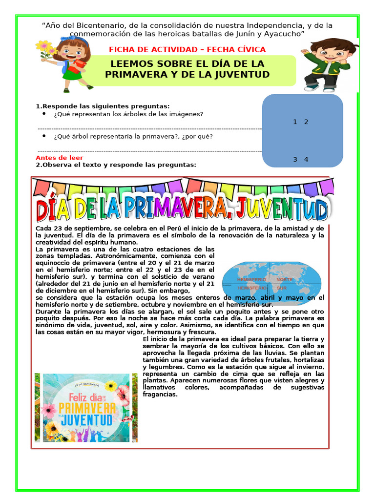 FICHA-FECHA CÍVICA-LEEMOS SOBRE EL DÍA DE LA PRIMAVERA Y LA JUVENTUD | PDF