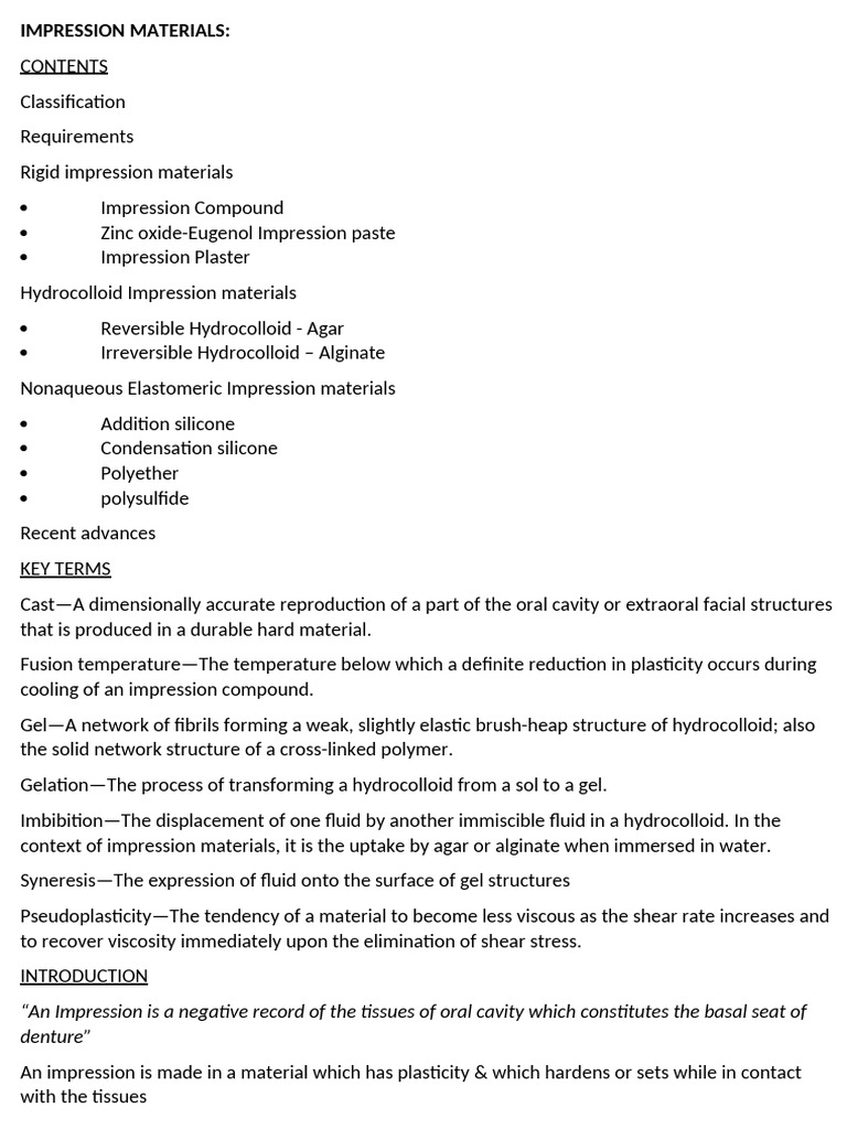 Overview of Rigid Impression Materials | PDF | Materials