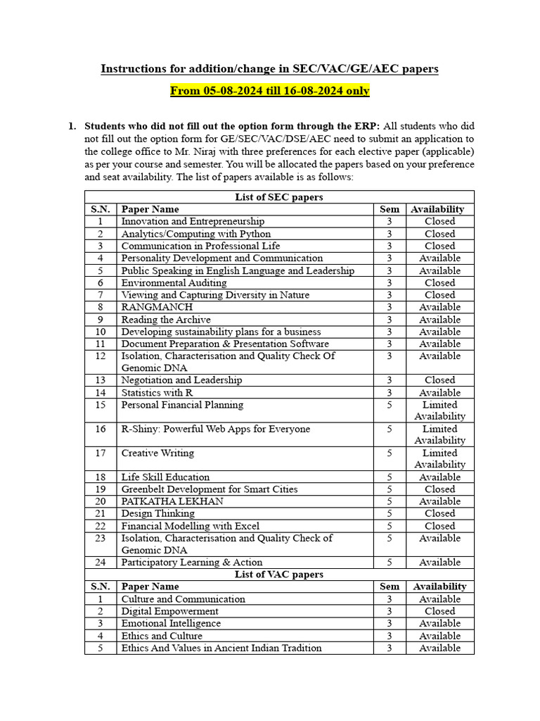 Instructions For Addition or Change in SEC - VAC - GE - AEC Papers For Sem-3 and Sem-5 Students ...