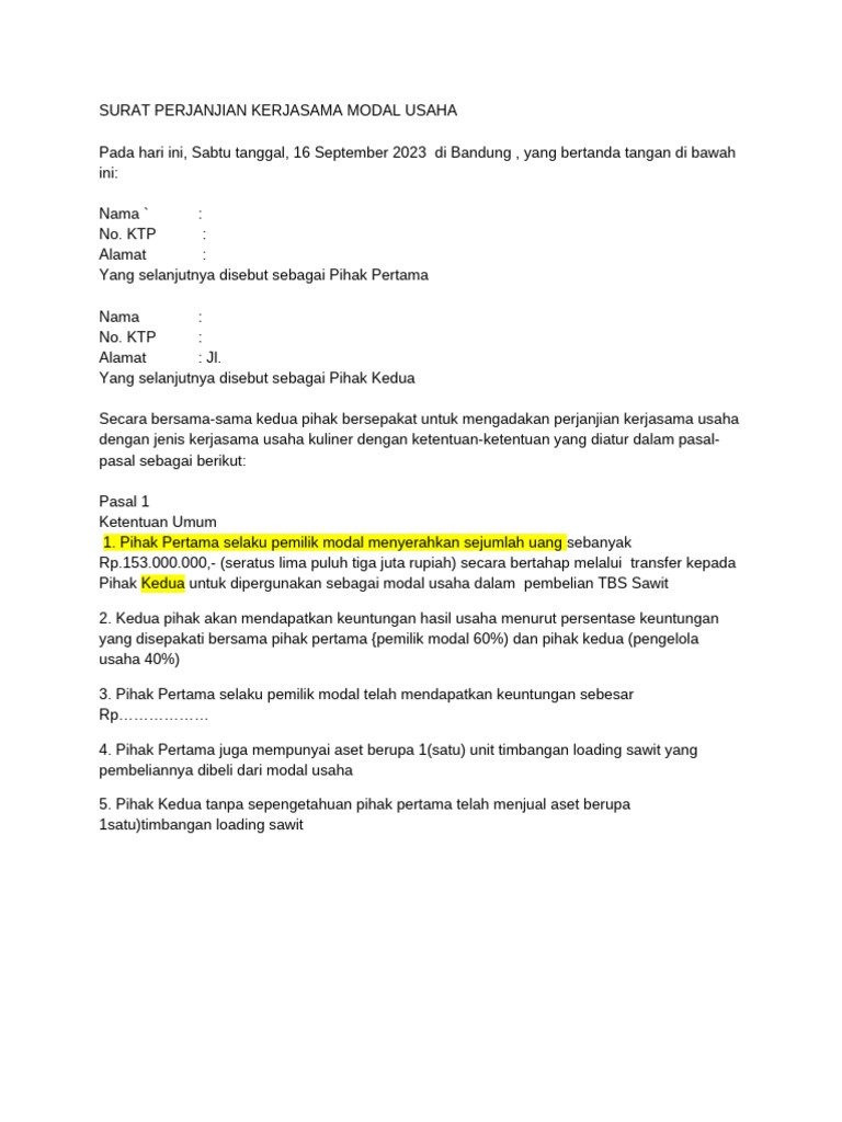 Surat Perjanjian Kerjasama Usaha Moddal Usaha 1 Pdf