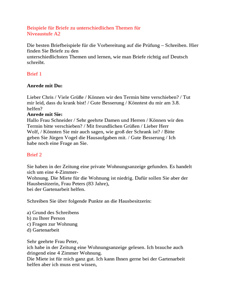 A2 - Schreiben (10 Briefe-Muster) | PDF