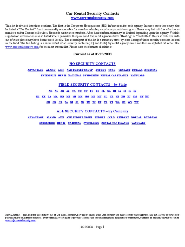 Car Rental Security Contacts Currentas of 032508 | PDF | Car Rental ...