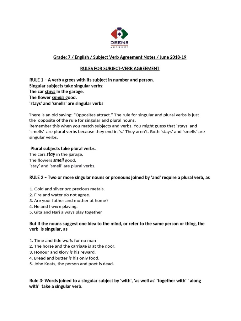 Subject Verb Agreement Grade 9 | PDF