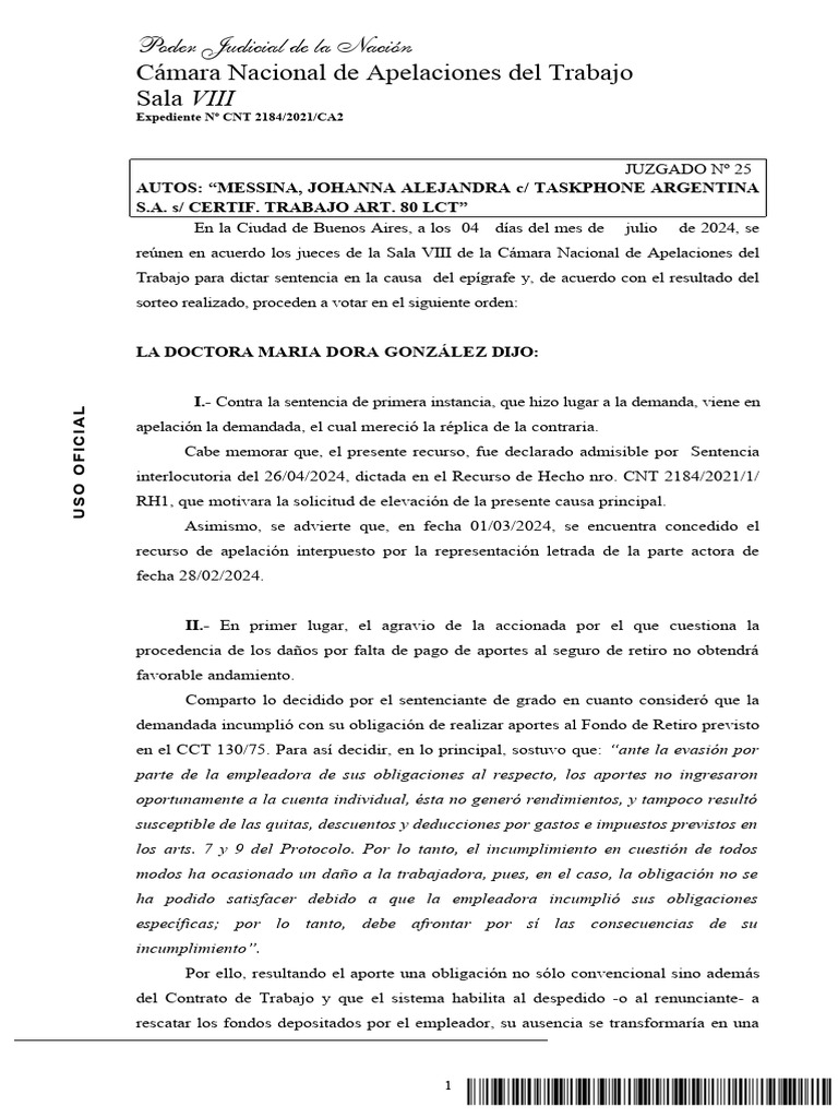 Jurisprudencia 2024 Messina, Johanna Alejandra - SEGURO de RETIRO | PDF ...