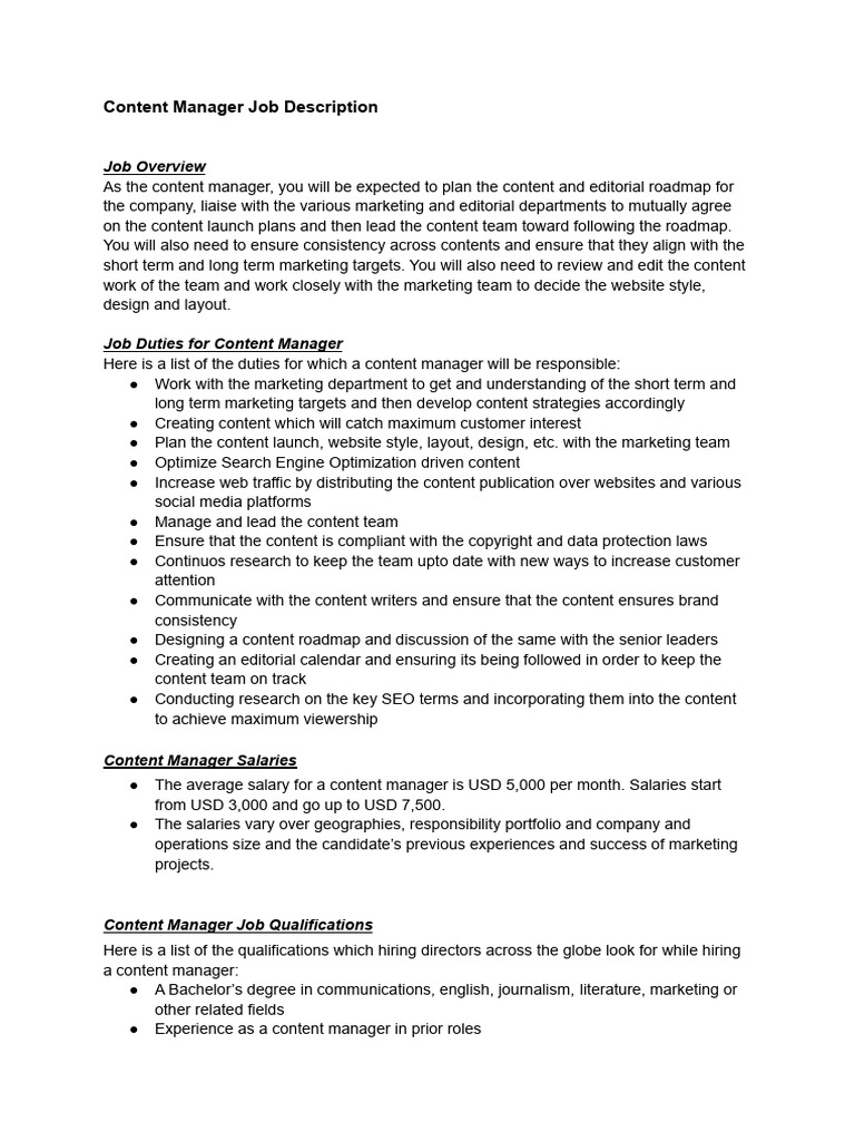 60f5268ea7117616cfed2044 - Content Manager Job Description File | PDF