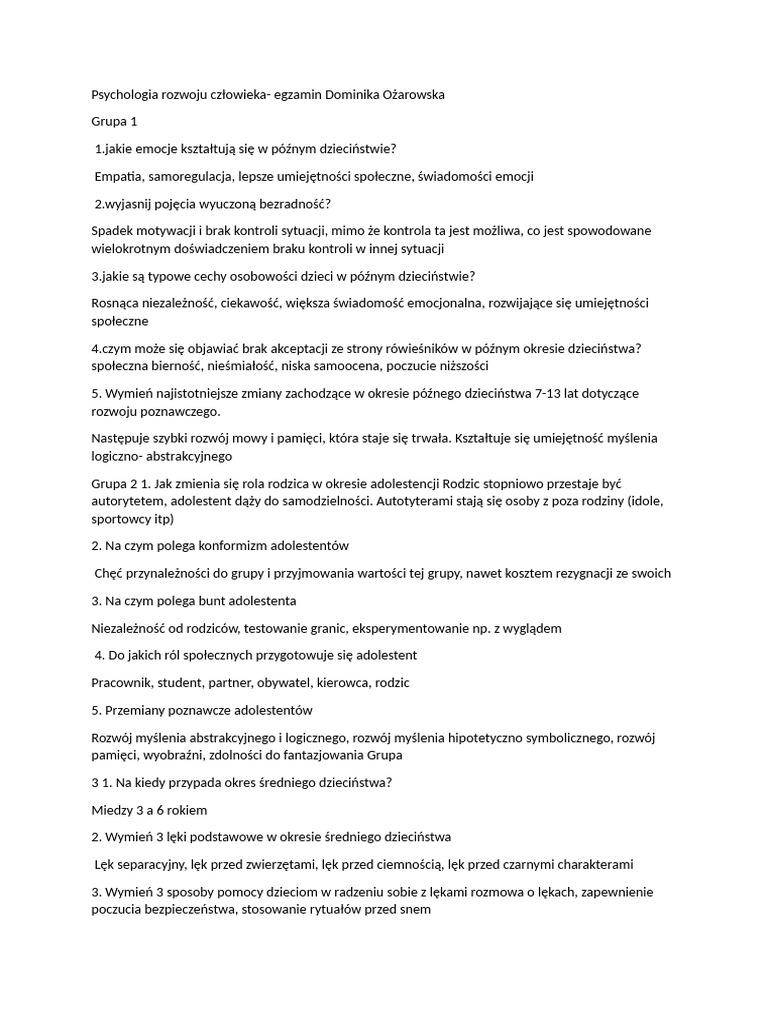 Opracowanie Psychologia Rozwoju Czlowieka | PDF