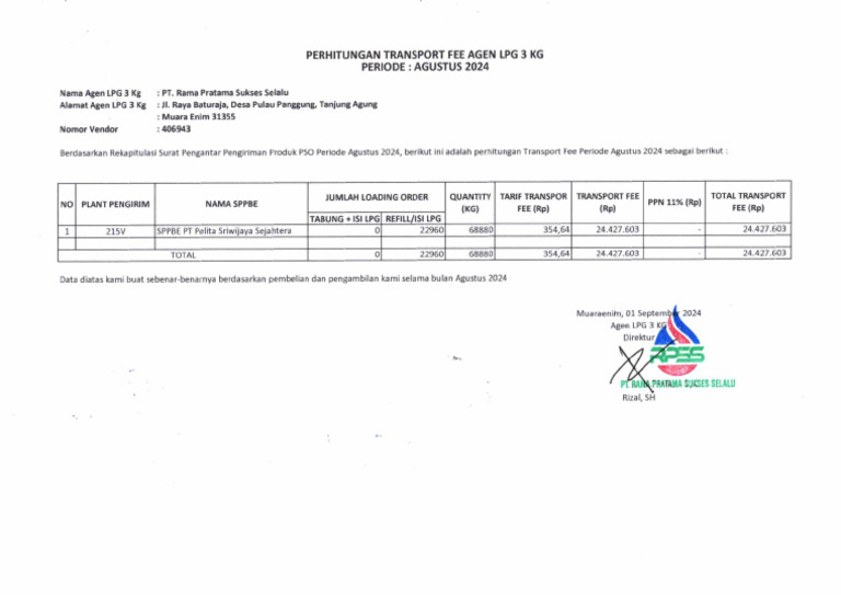 Perhitungan Transport Fee Agen LPG PSO Periode Bulan Agustus PT Rama ...