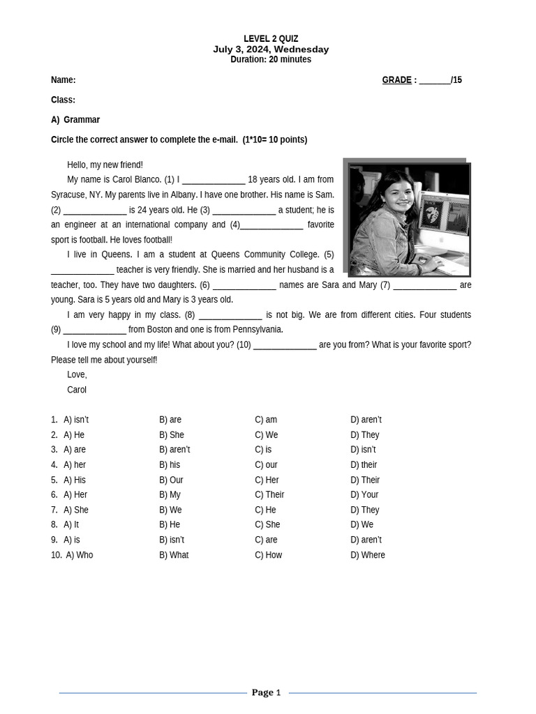 Level 2 Quiz Grammar and Vocabulary | PDF
