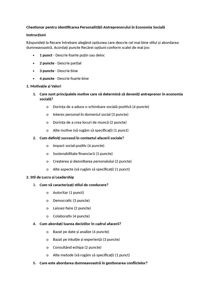 Chestionar Pentru Identificarea Personalității Antreprenorului În ...