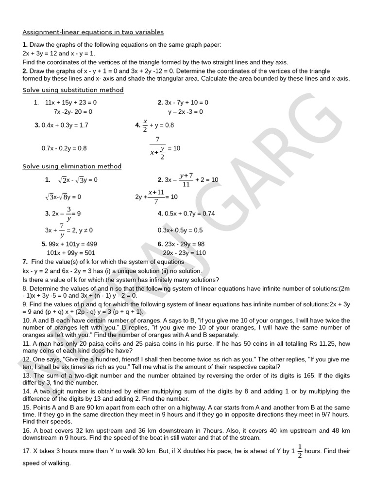 Assignment Linear Equations Class 10 24 | PDF