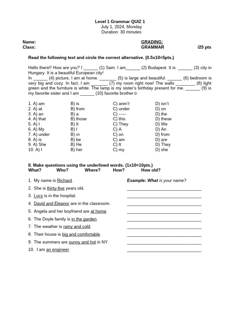 Level 1 Grammar QUIZ 1 | PDF