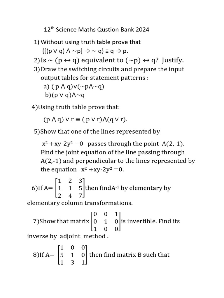 12th Science Maths Qustion Bank 2024 | PDF | Physics | Algebra